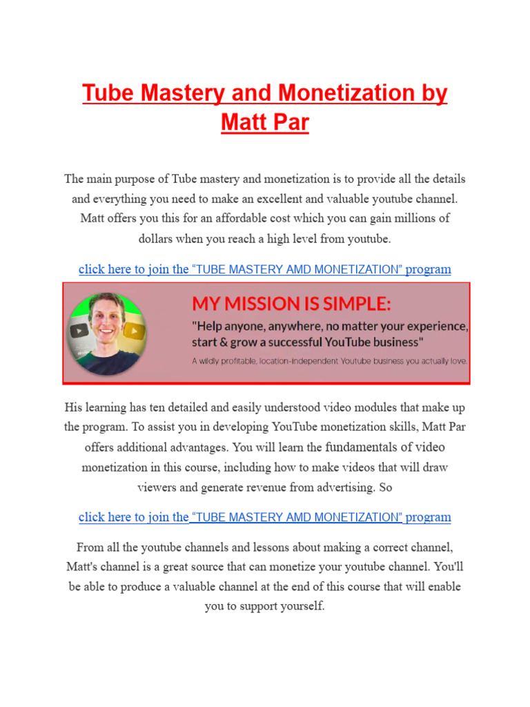 Tube Mastery and Monetization by Matt Pa | PDF