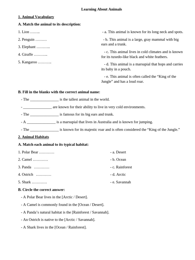 Worksheet 'Learning About Animals' | PDF
