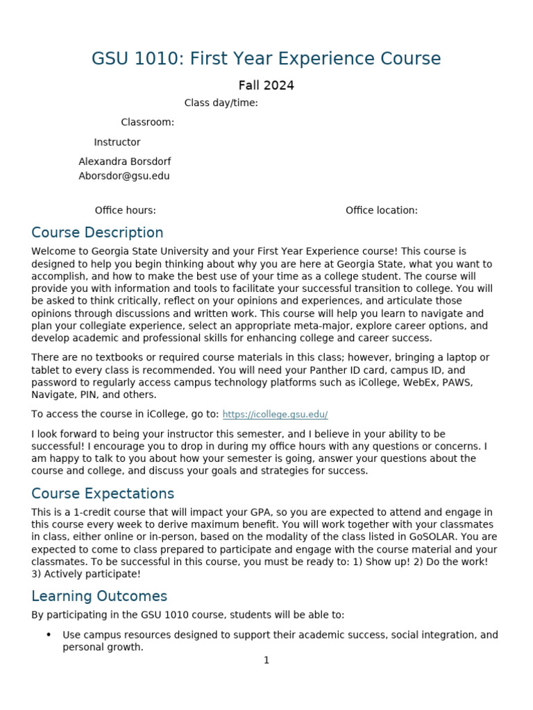 GSU 1010 Syllabus FA24 | PDF
