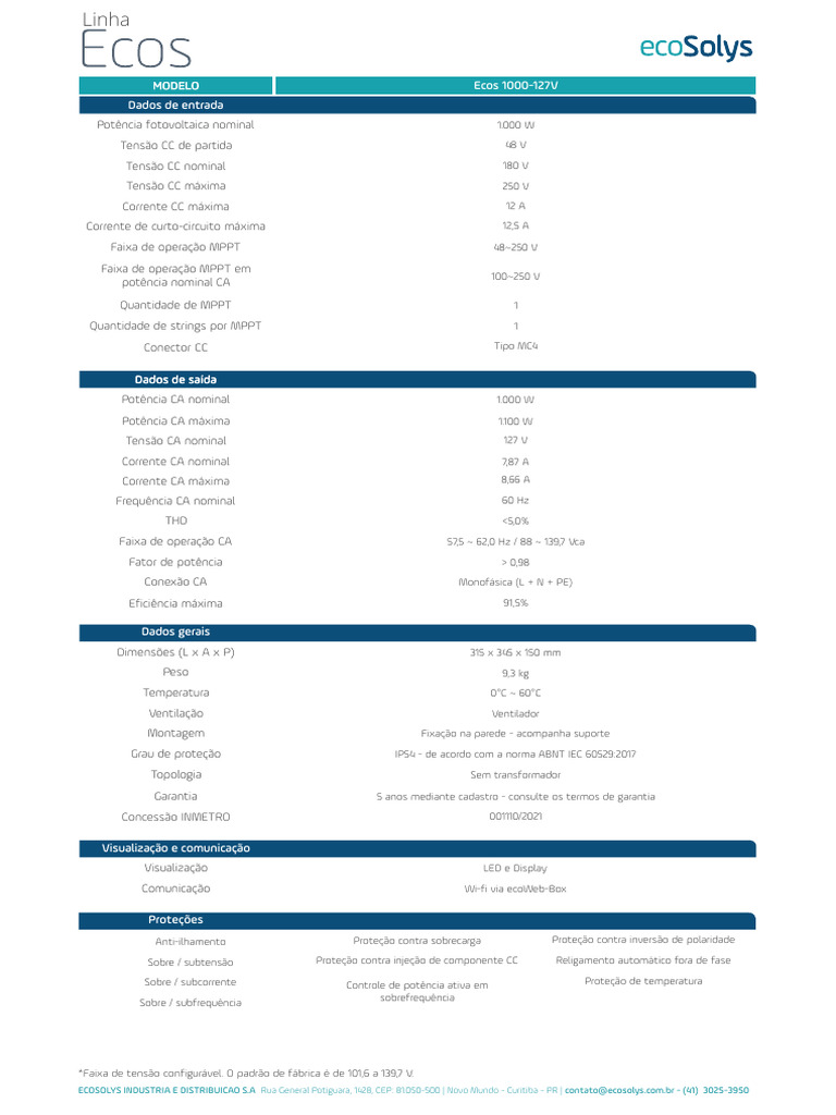 Datasheet Ecos 1000 127V - R | PDF