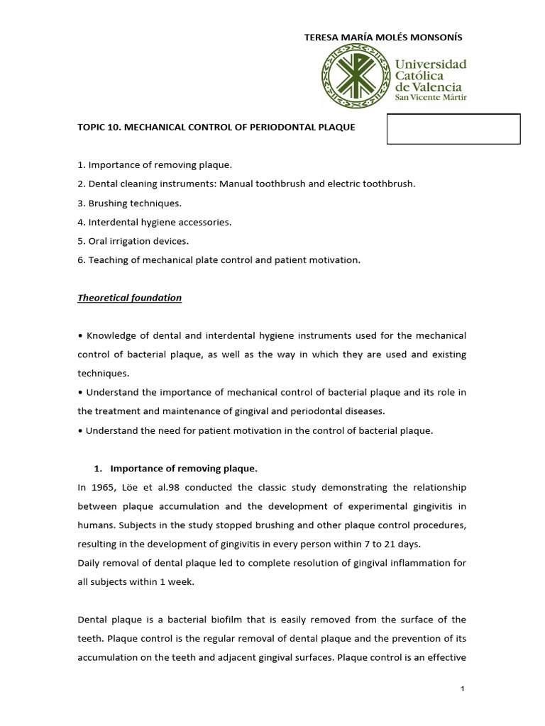 Topic 10.. Mechanical Control of Periodontal Plaque | PDF