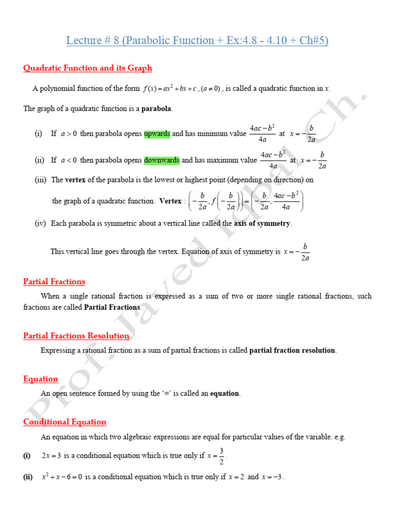 Lecture # 8 (Ex.4.8-4.10 + CH 5 + Parabolic Functions) | PDF