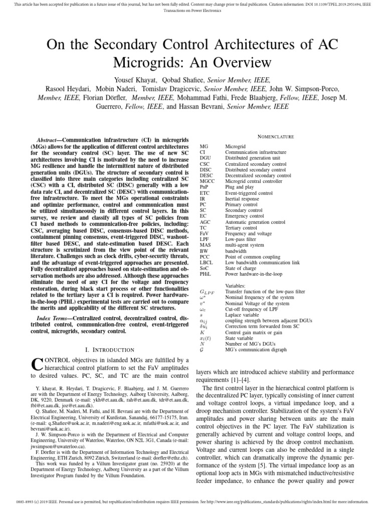 On The Secondary Control Architectures of AC Microgrids An Overview | PDF