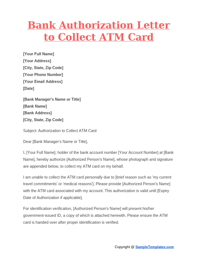 Bank Authorization Letter To Collect ATM Card | PDF