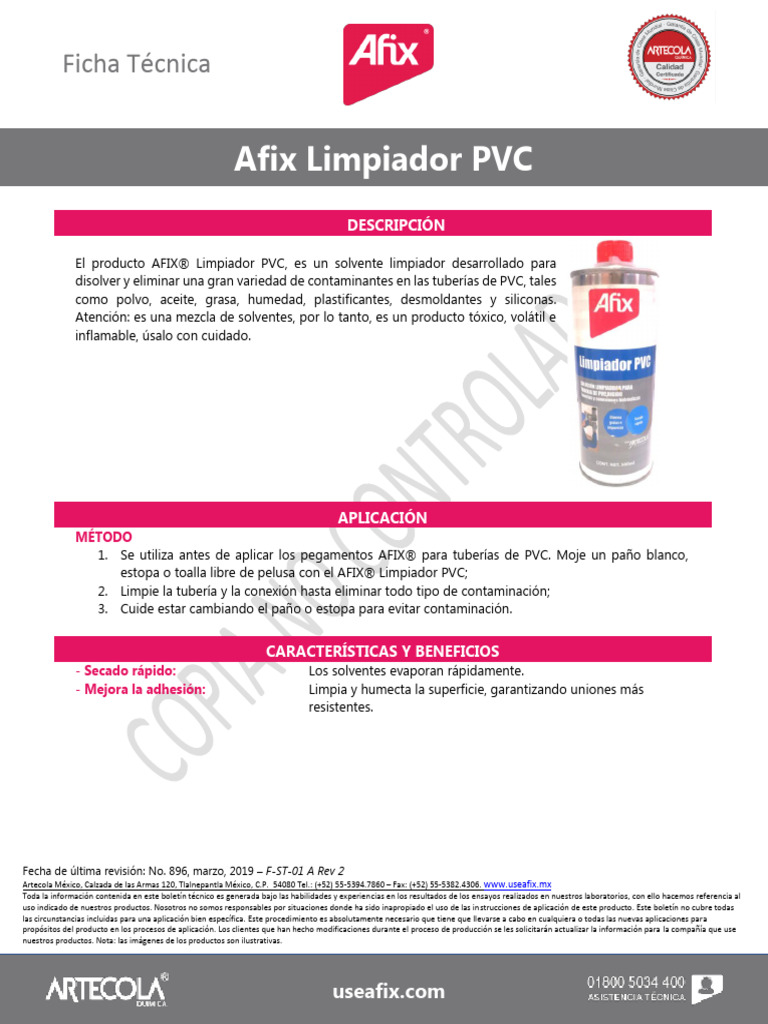 Hoja Técnica Limpiador para PVC | PDF | Substancias químicas