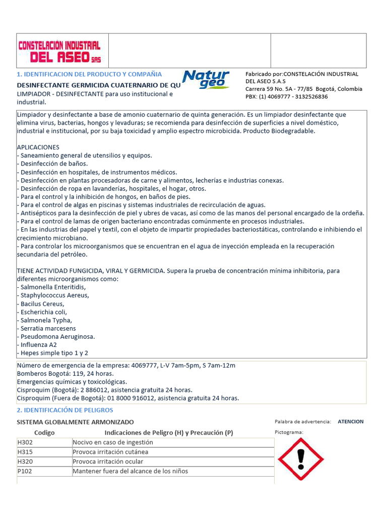 Pd-pg-002-68 Msds Germicida Cuaternario de Quinta Generacion Naturgeo v5 | PDF