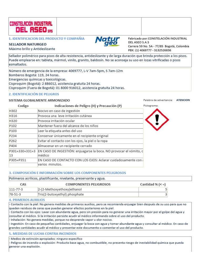 PD-PG-002-44 MSDS Sellador Natur Geo V3 | PDF