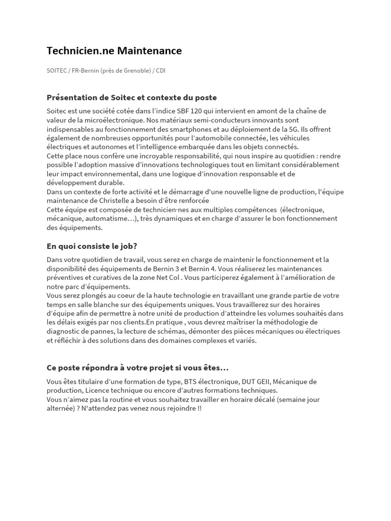 Technicien Maintenance - SOITEC-1 | PDF