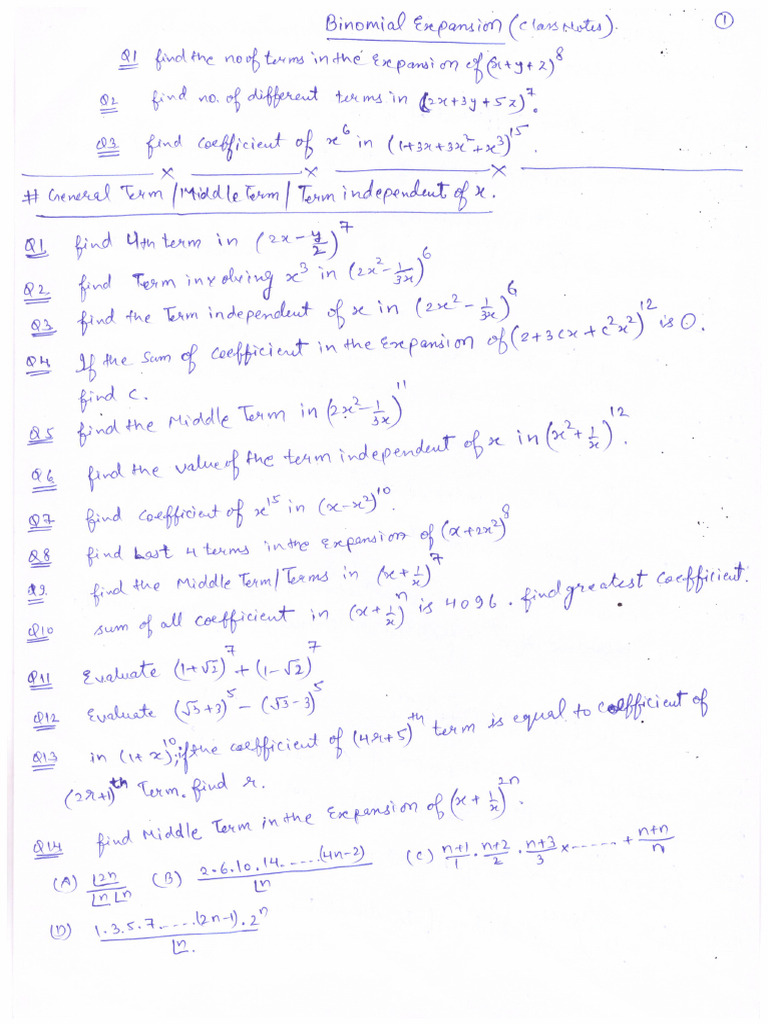 Binomial Theorem Classnotes Question Sheet | PDF