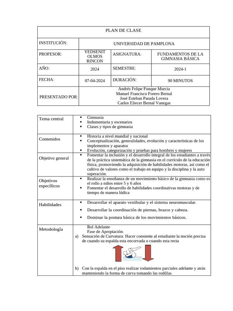PLAN DE CLASE GIMNASIA grupo 1 | PDF
