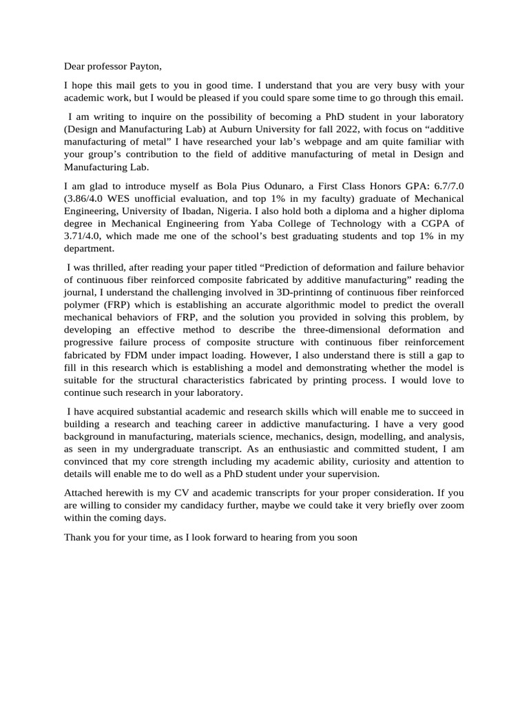 Dear Professor Payton | PDF