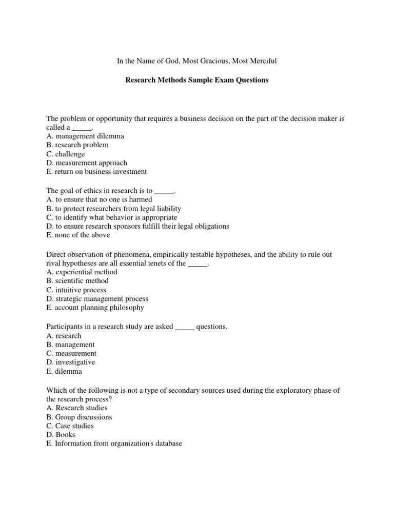 Research Methods Sample Exam Questions | PDF
