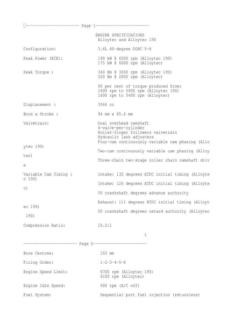 Alloytec Engine Specs | PDF | Engines | Automotive Technologies