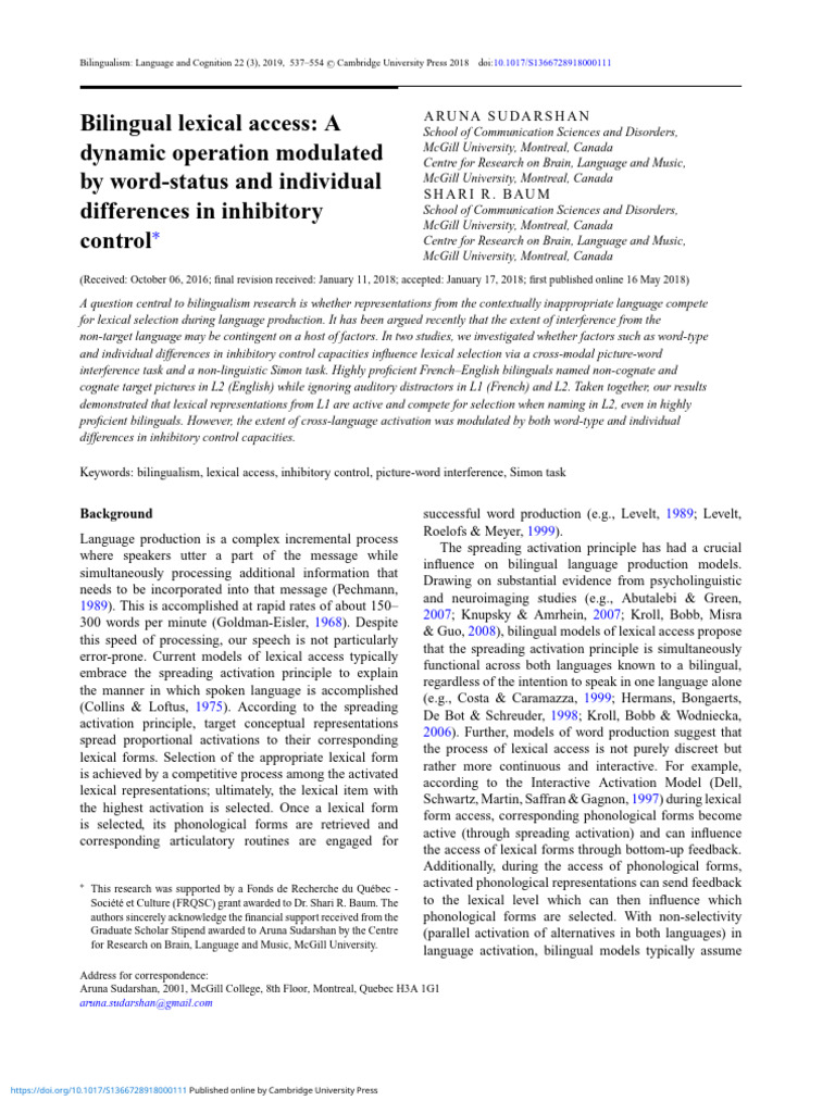 Bilingual Lexical Access Inhibitory Control | PDF