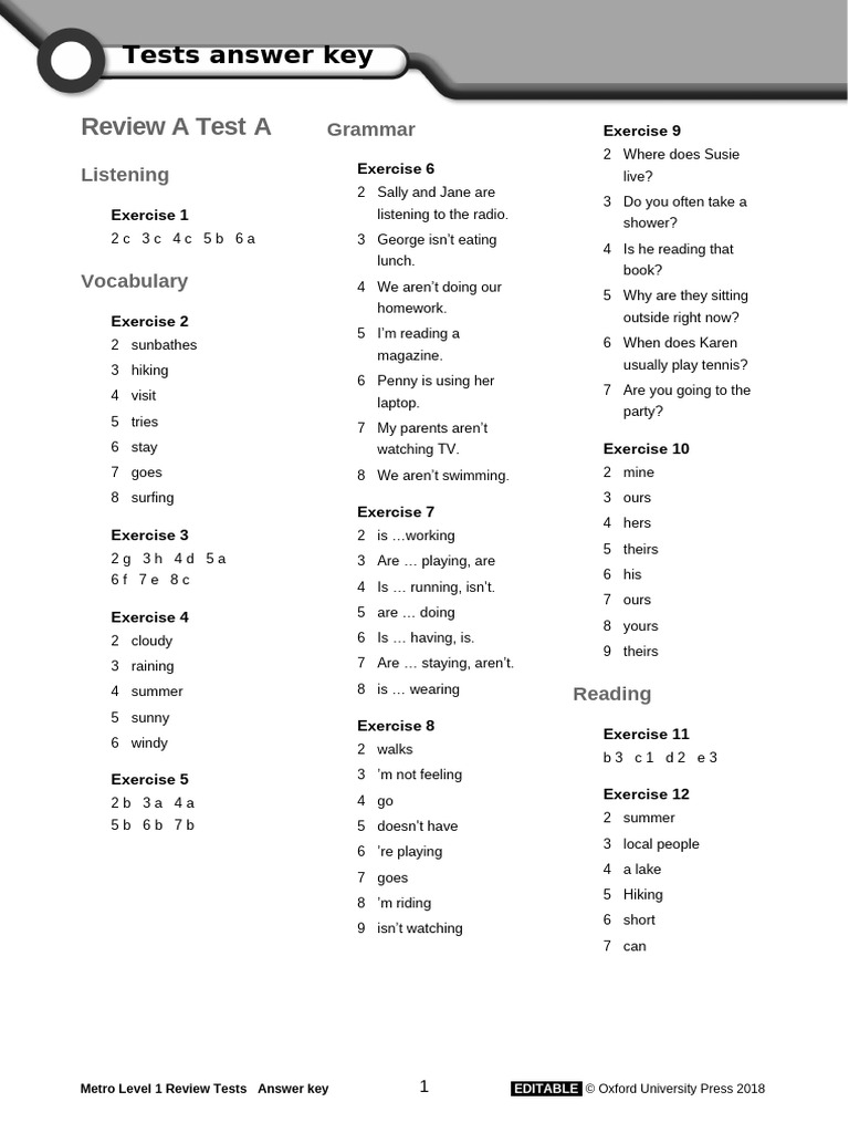 Metro Level 1 Review Tests Answer Key | PDF