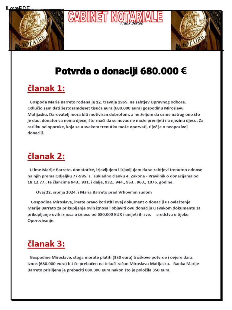 Čin Donacije Od 680.000 Eura - Watermark | PDF