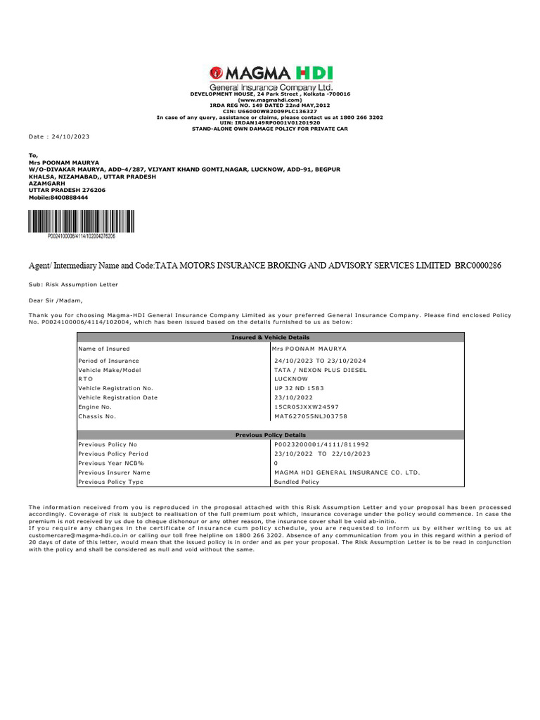 Agent/ Intermediary Name and Code:Tata Motors Insurance Broking and ...