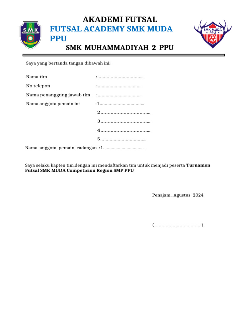 Form Pendaftaran Futsal Muda | PDF