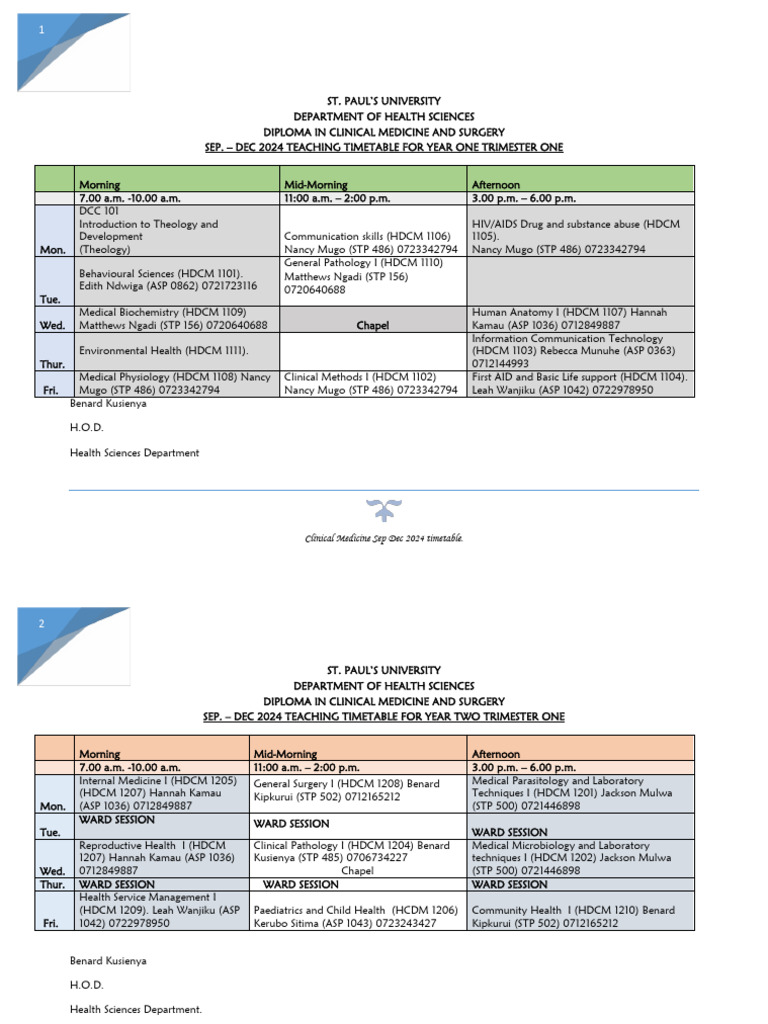 Clinical Medicine Teaching Timetables For Sept Dec 2024 Trimester . | PDF