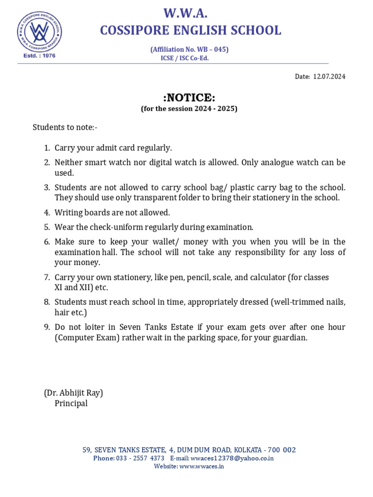 Notice For Students During 1st Term Exam (2024-25) | PDF