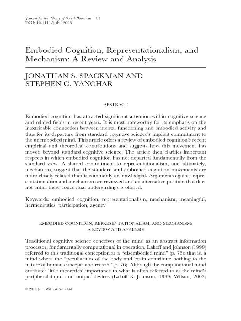 Embodied Cognition, Representationalism and Mechanism - A Review and ...