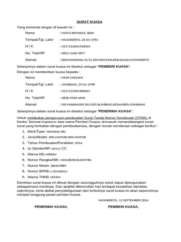 Surat Kuasa Pengurusan Pembuatan STNK | PDF