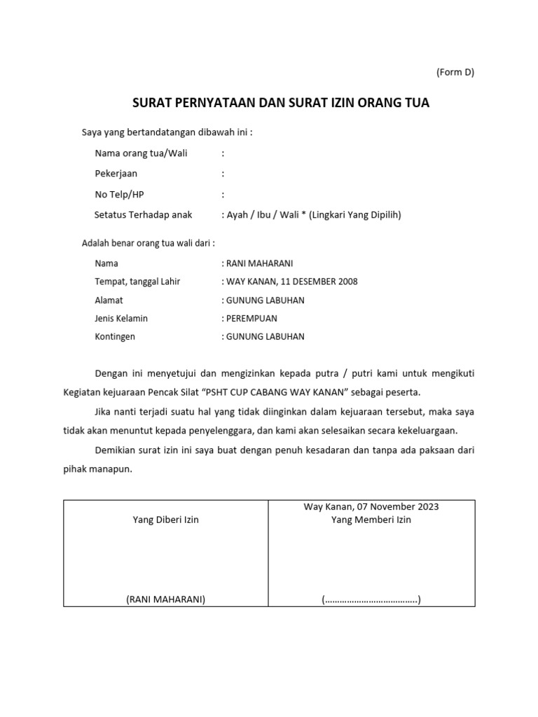 Surat Pernyataan Dan Surat Izin Orang Tua SH Cup 2023 | PDF