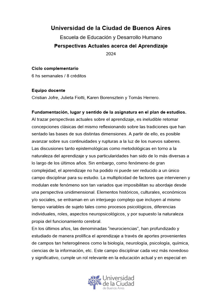 Programa Perspectivas Actuales Acerca Del Aprendizaje 1-2024 | PDF