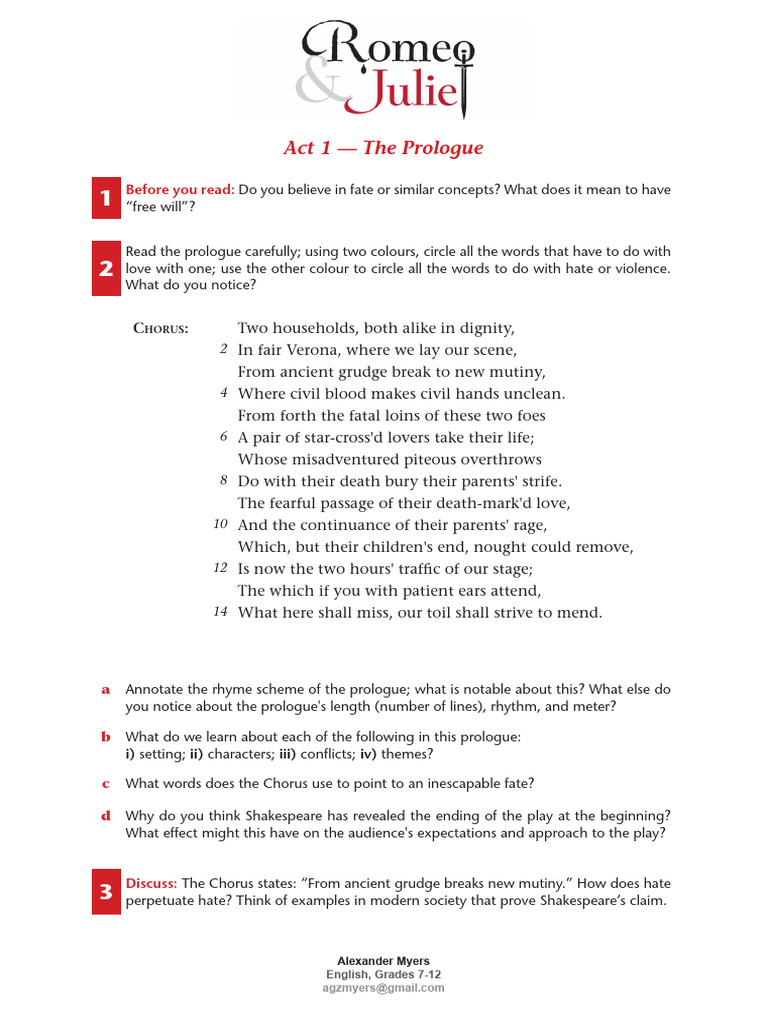 STUDENT - FREE IGCSE Shakespeare - Romeo + Juliet - The Prologue ...
