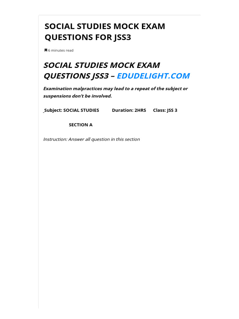Social Studies Mock Exam Questions For Jss3 | PDF | Marriage | Sports ...