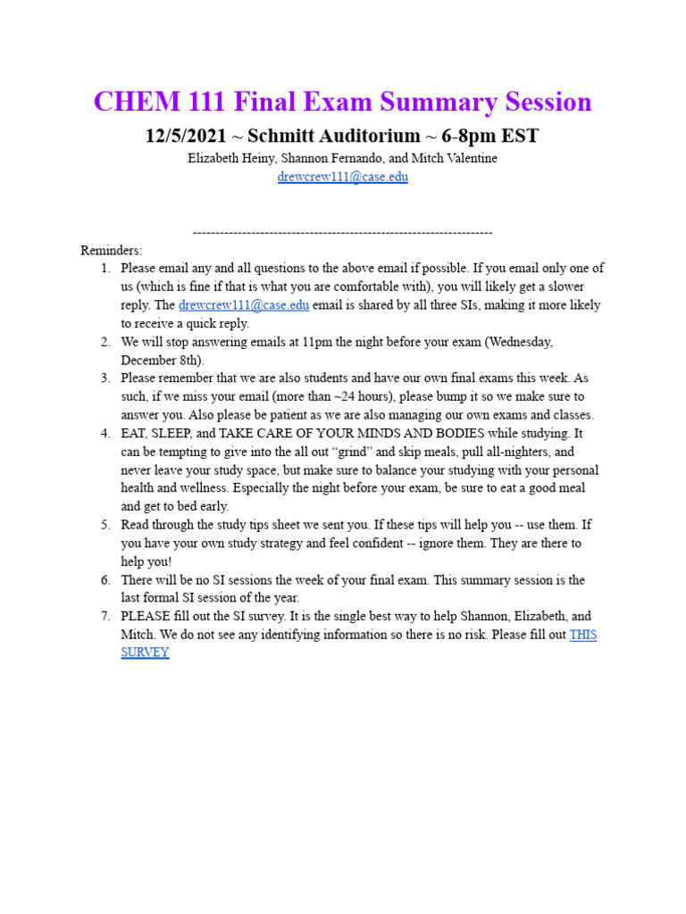 Final Exam Summary Session - CHEM 111 Blank | PDF