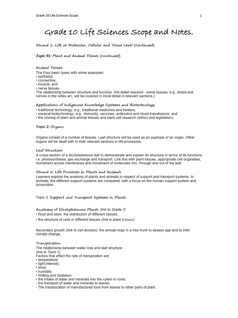 Grade 10 Life Sciences Scope and Notes | PDF | Tissue (Biology) | Skeleton