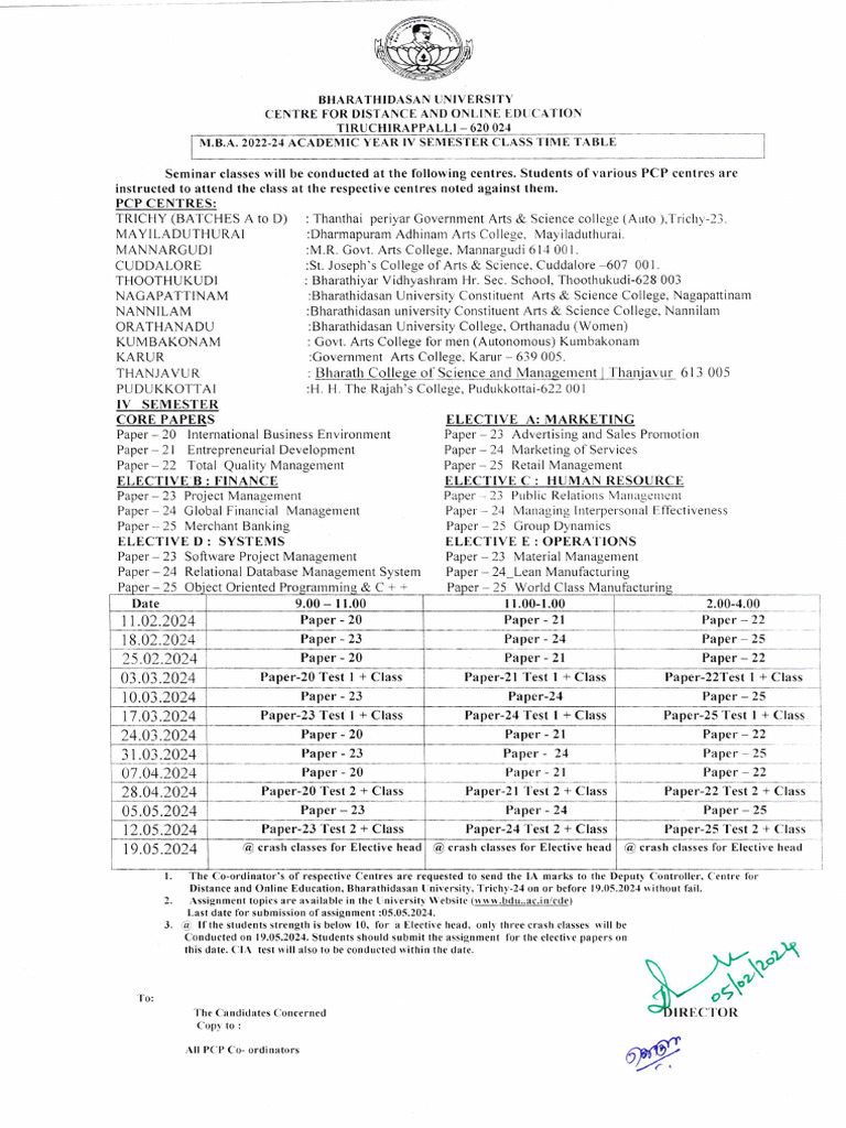 Mba Iv Semester Class Time Table (Academic Year 2022-2024) | PDF