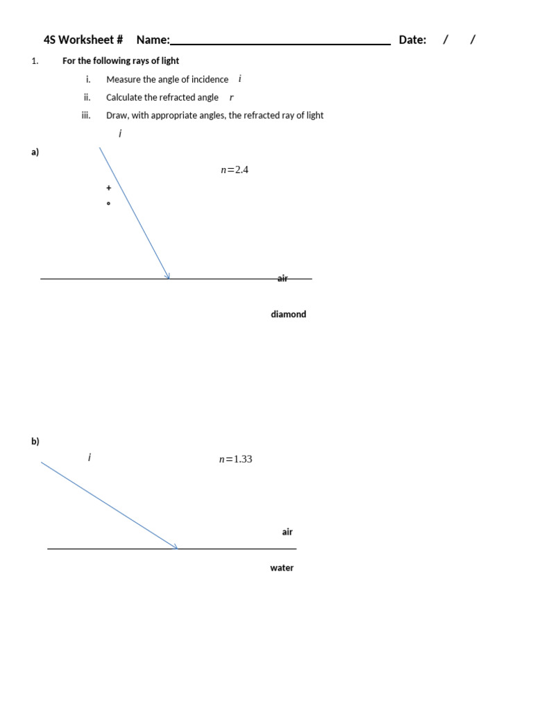 4S Worksheet #2 Refraction of Light | PDF