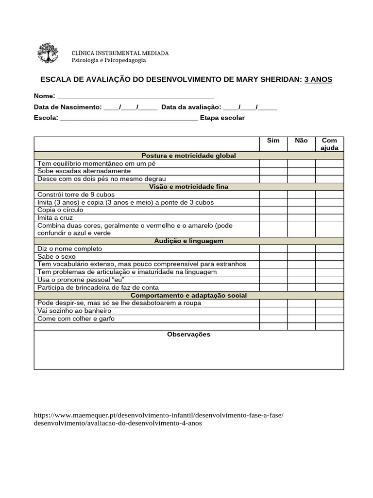 Escala de Desenvolvimento de Mary Sheridan - 3 Anos | PDF