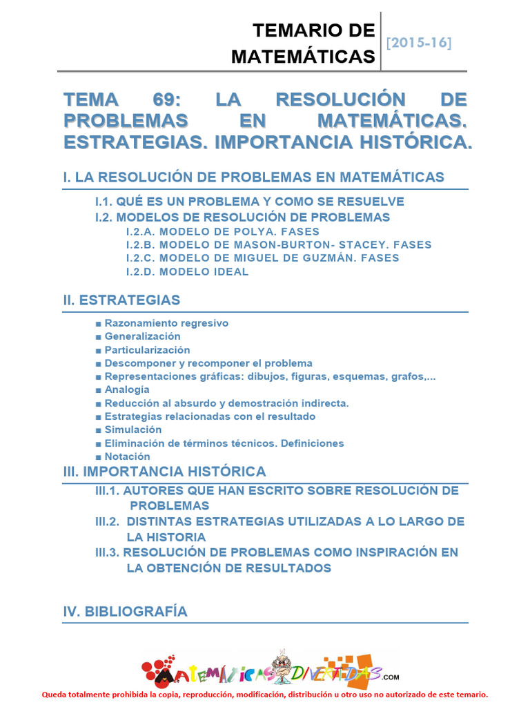 Tema 69 La Resolucion de Problemas en Matematicas. Estrategias ...