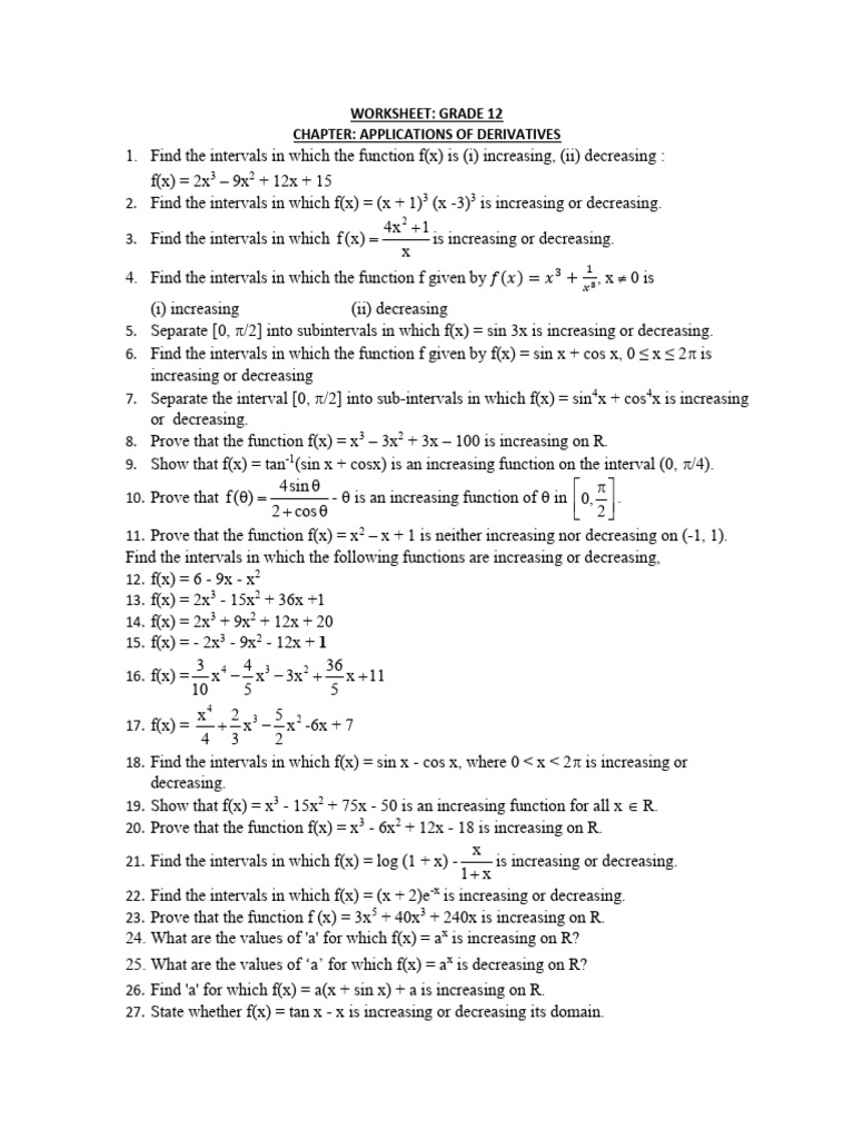 Question Bank Grade 12 Math App of Derivatives and 2ND Order Derivative ...