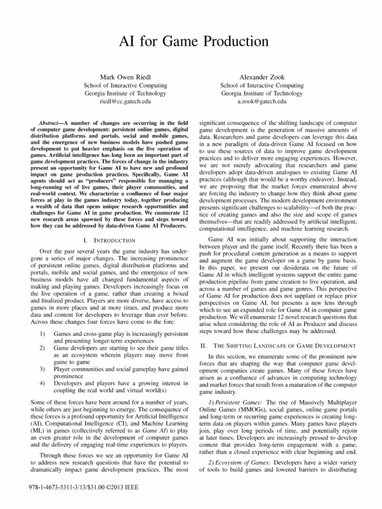 AI for Game Production | PDF