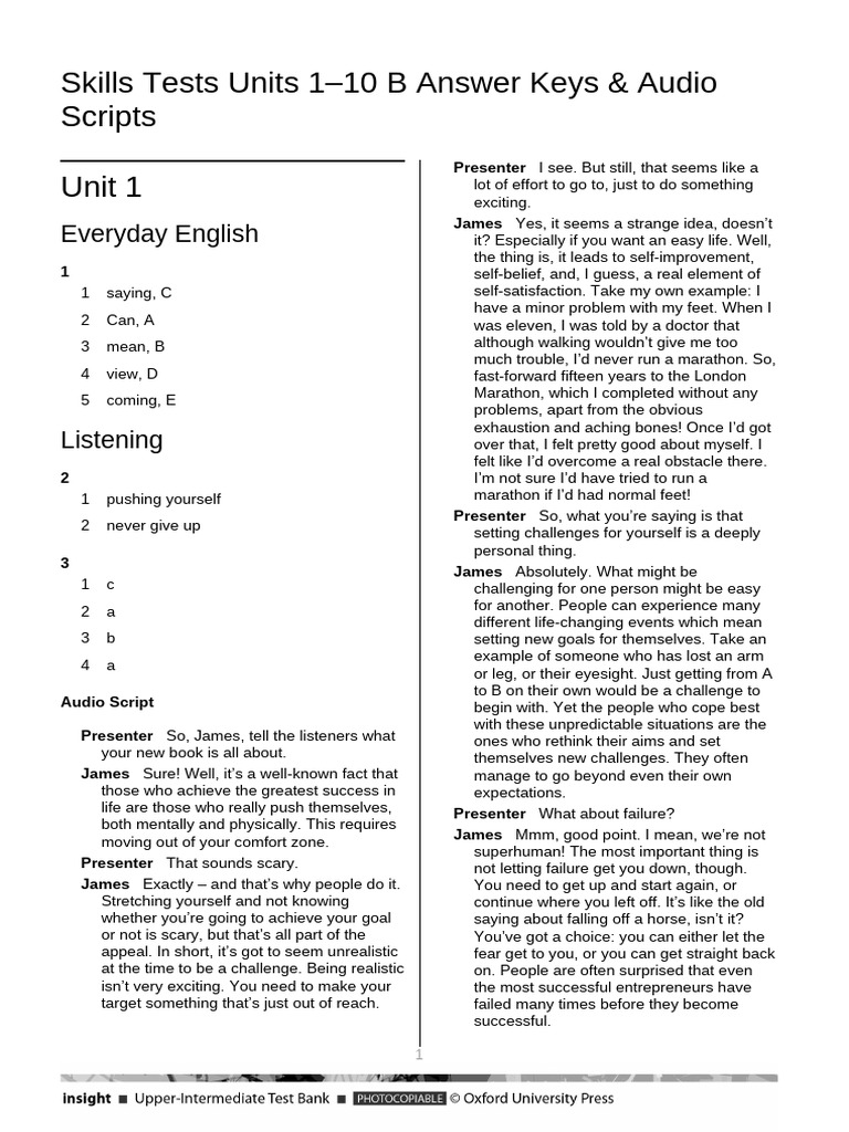 Skills Tests Units 1 10 B Answer Keys Audio Scripts | PDF