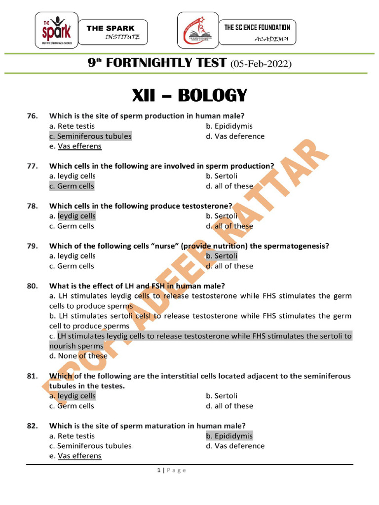 XII Biology Adeeb Rattar Key Coaching Reproductive System 1-1 | PDF