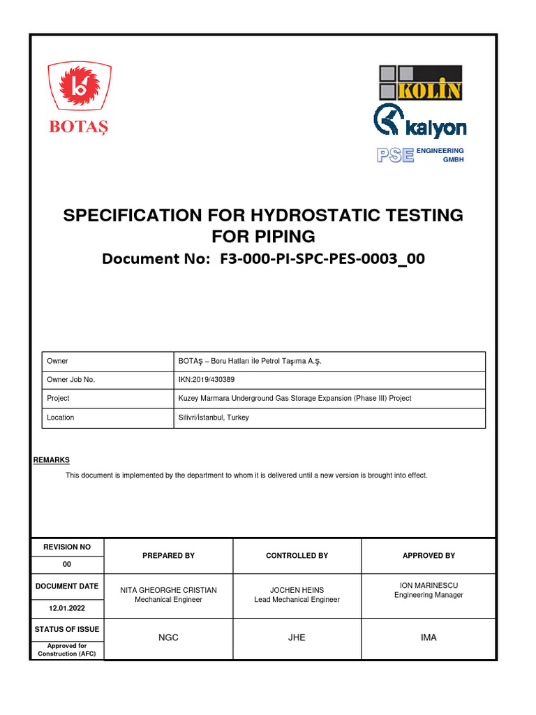 Specification For Hydrostatic Testing For Piping | PDF