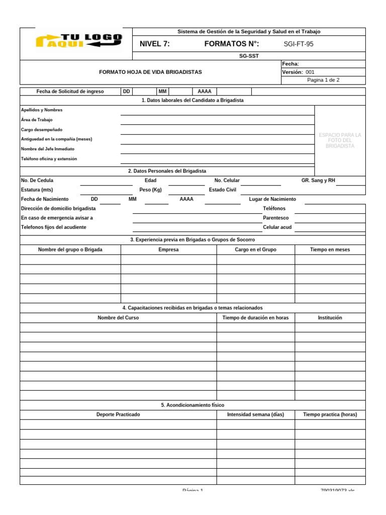 SGI-FT-95 Formato Hoja de Vida Brigadistas | PDF
