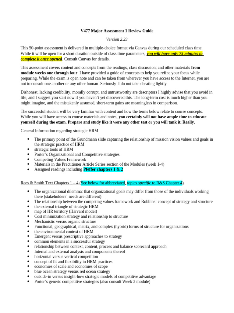 V477 Major Assessment 1 Review Guide For Students S23 | PDF | Strategic ...