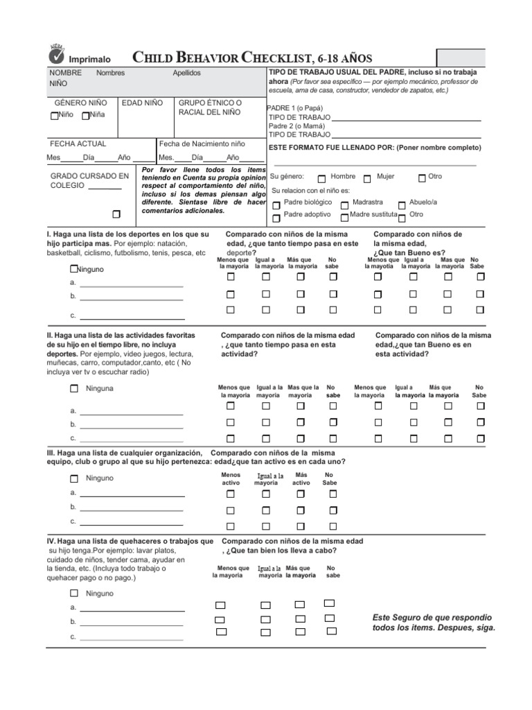 Child Behavior Checklist Completo Espano | PDF