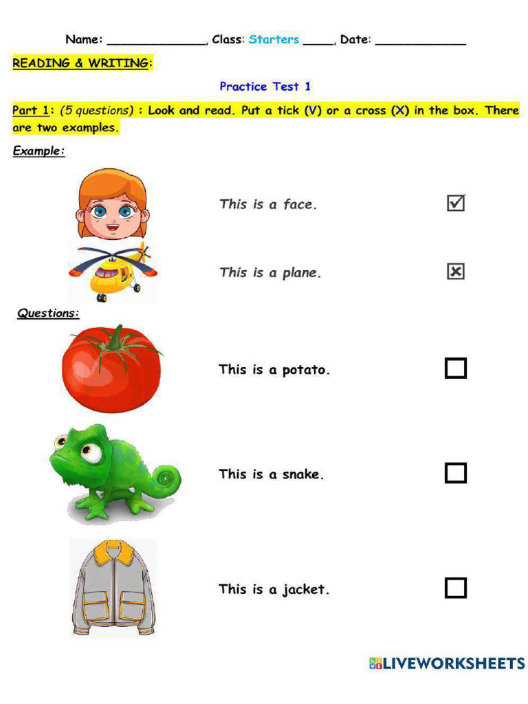 Starters - Practice Test 1 - Reading & Writing | PDF