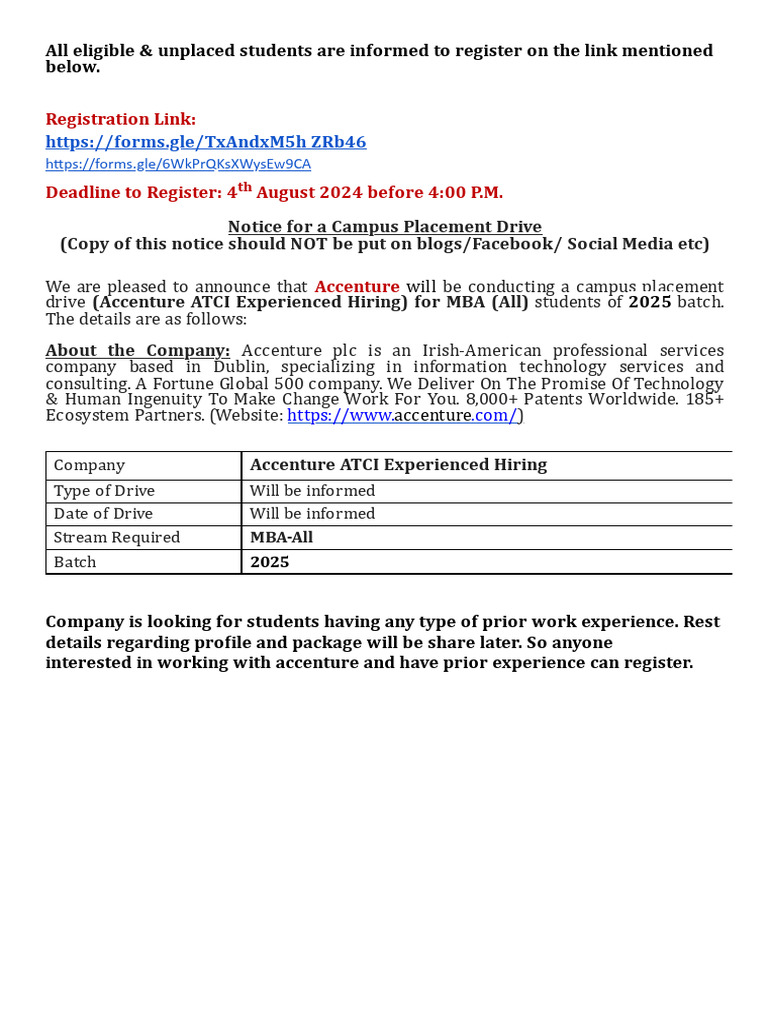 Campus Placement Drive - Accenture ATCI Experienced Hiring | PDF