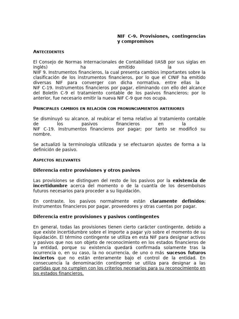NIF C-9: Provisiones y Contingencias | PDF