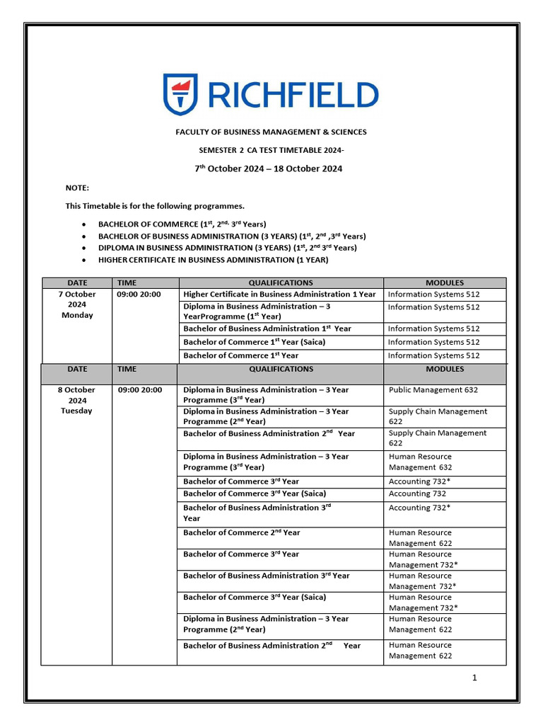 Semester 2 CA TEST Timetable (BMS) Distance Only-4 | PDF
