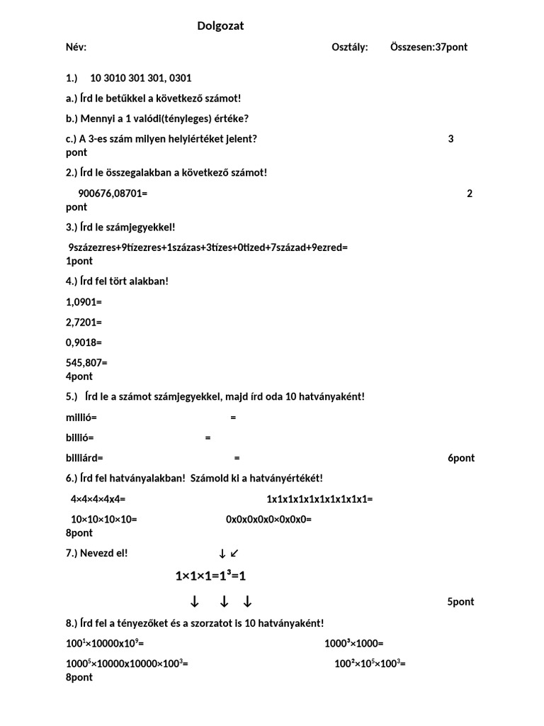 6.o. Matematika Dolgozat - Gyakorlás5 | PDF