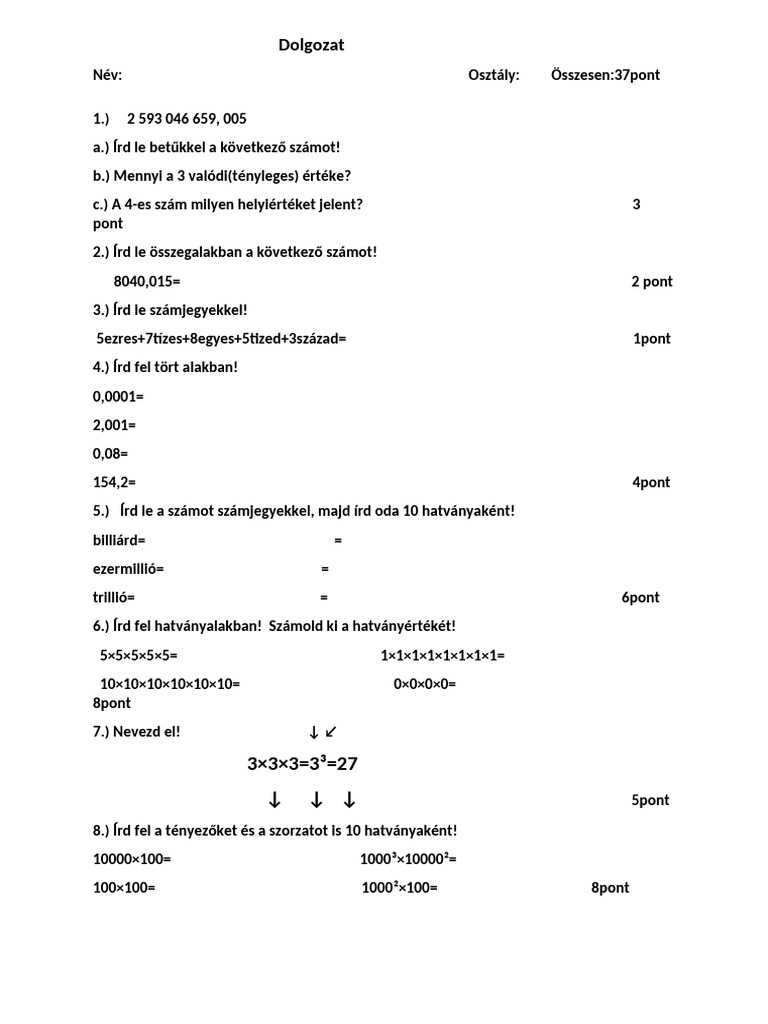 6.o. Matematika Dolgozat - Gyakorlás | PDF